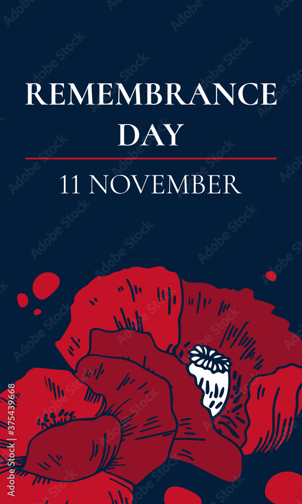 11 November Remembrance day vertical design template. Hand drawn vector ...