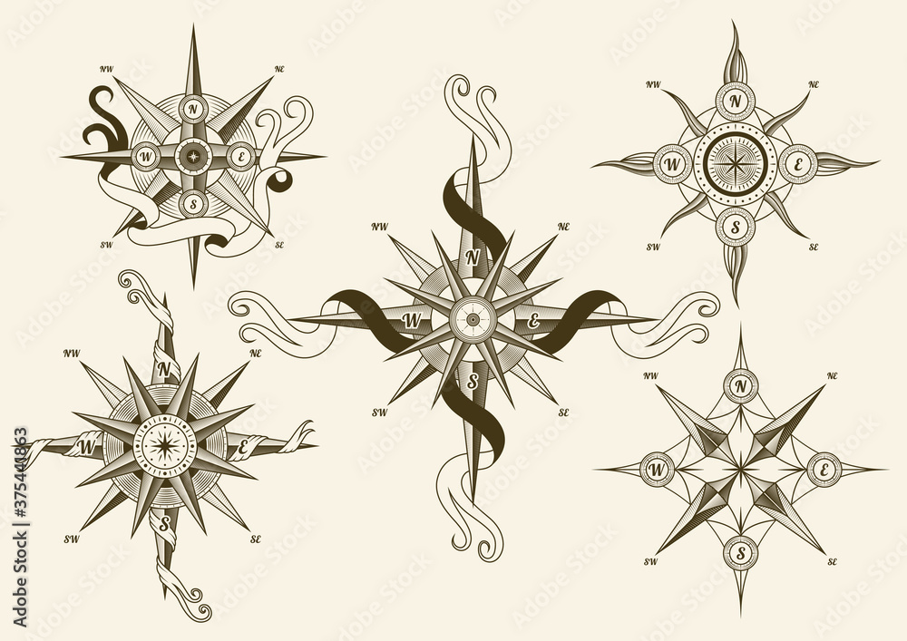 Collection of vintage nautical compass. Old vector design elements for ...