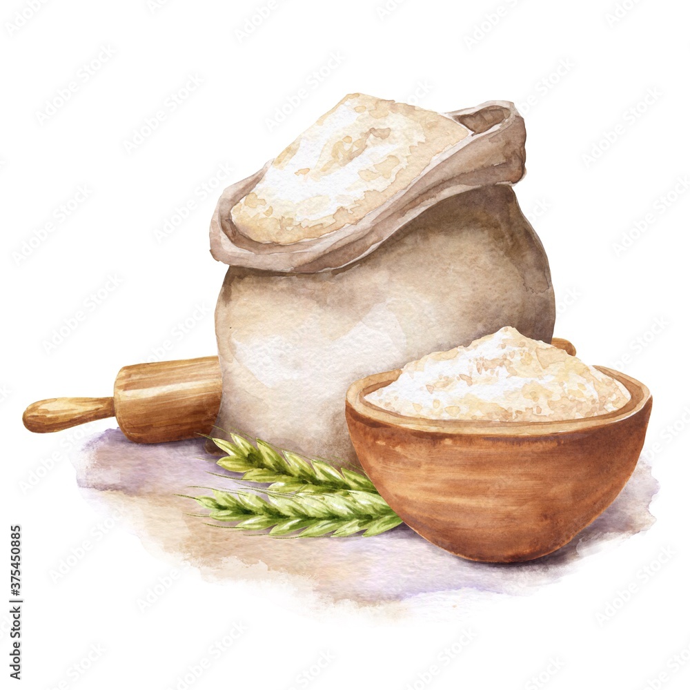 Watercolor rye flour on white background. Watercolour food illustration ...