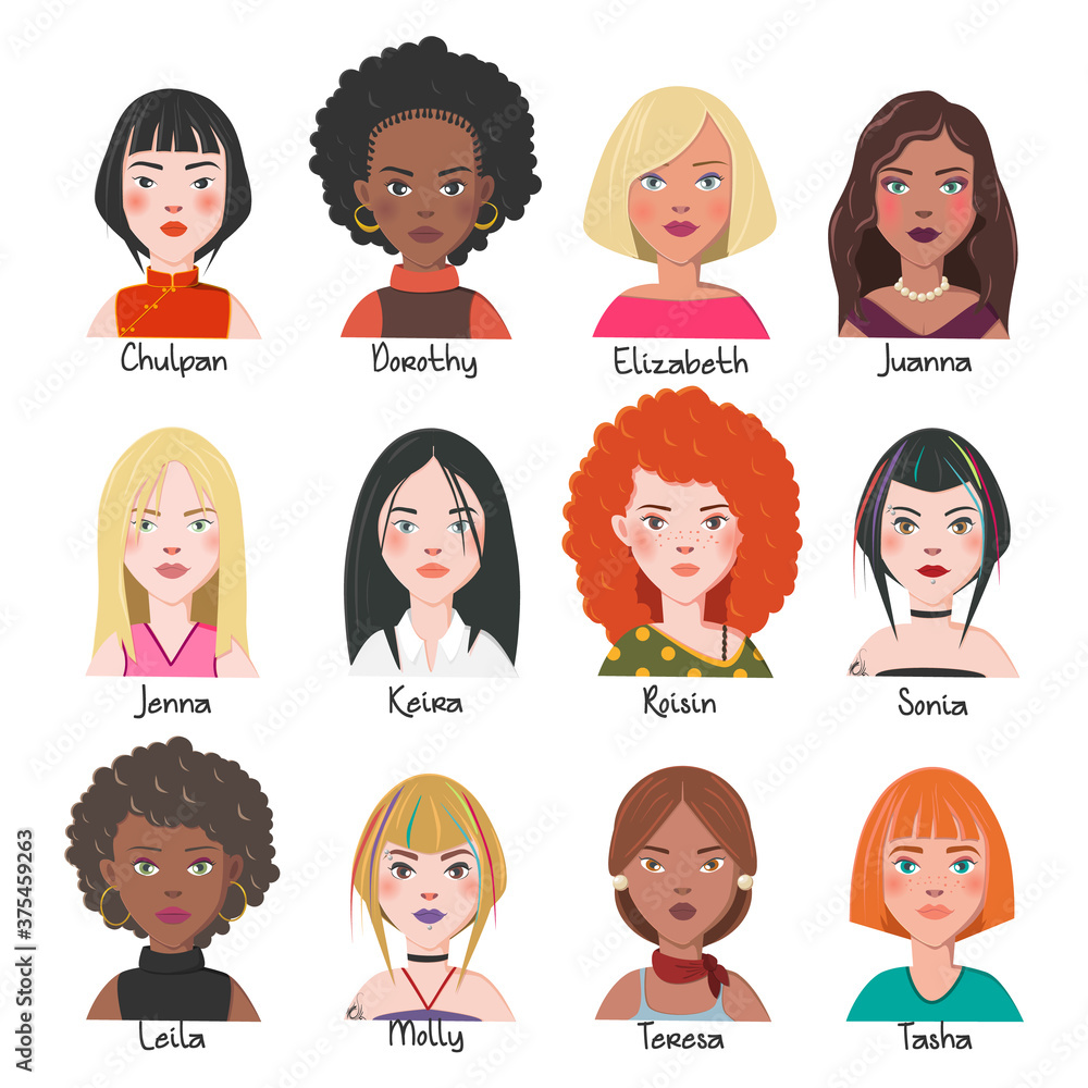 Set of Woman Avatars. Twelve Characters from Different Subcultures and ...