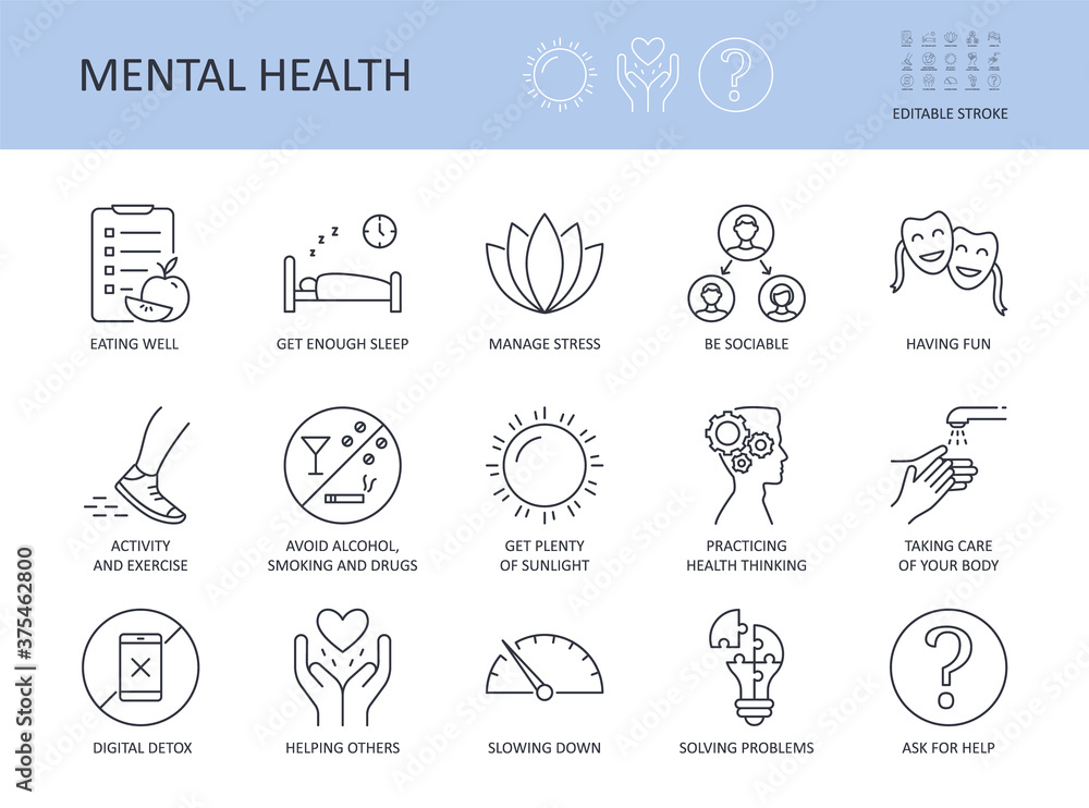 Icons 15 top tips for good mental health. Editable stroke. Get enough ...