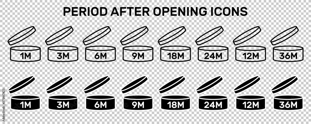 Period after open icons set. PAO symbols. Round box with cap opened ...