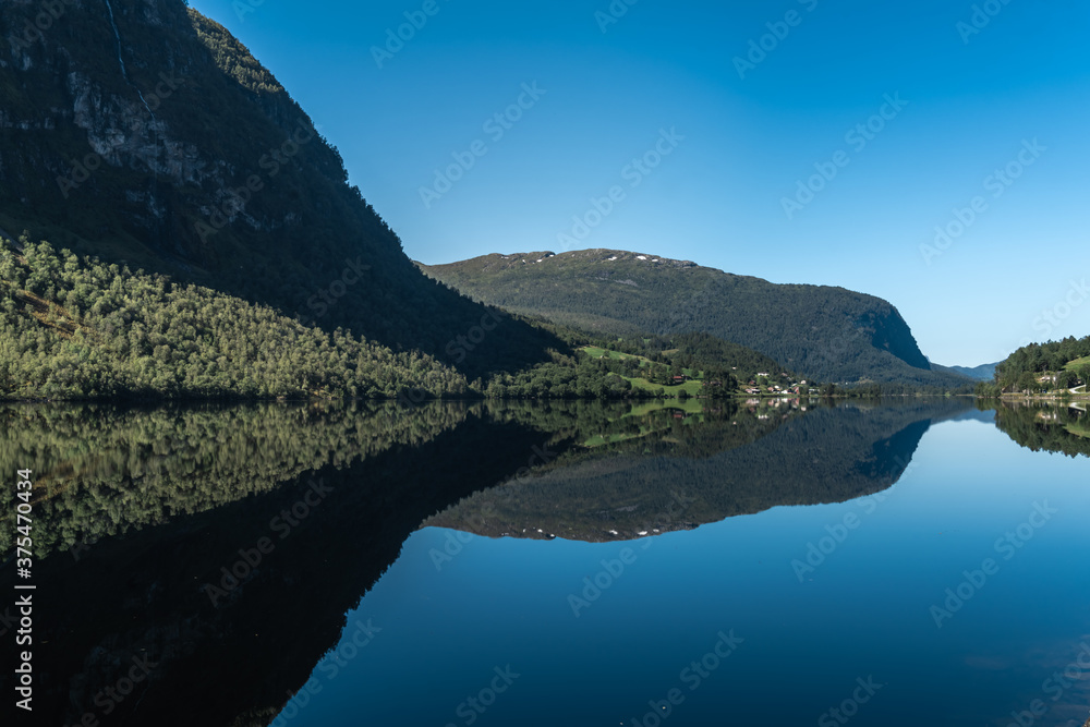 Gorgeous, mountain lake and fjord scenery along the Gaular River Valley ...