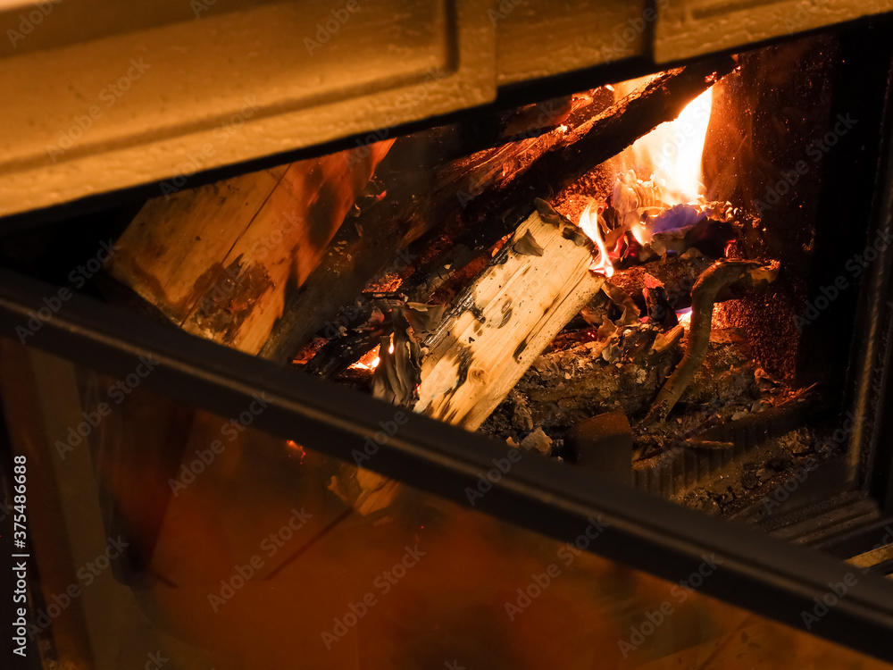 Beautiful flame fireplace. Wood burning bright flames in a modern ...