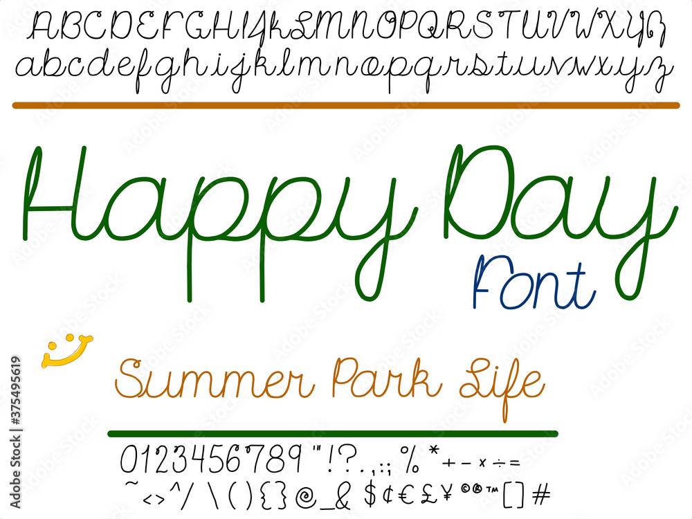 Hand drawn cursive script font. Happy typeface has wide, cute letters ...
