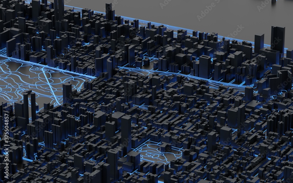 3D Render. Smart city and Urban landscape. City Top View of landscape ...