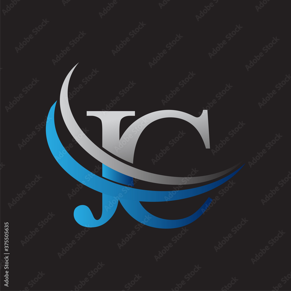 initial letter JC logotype company name colored blue and grey swoosh ...
