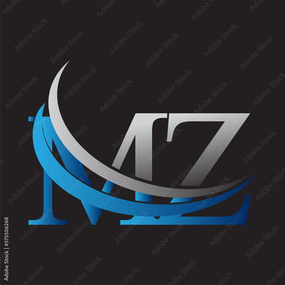 initial letter MZ logotype company name colored blue and grey swoosh ...