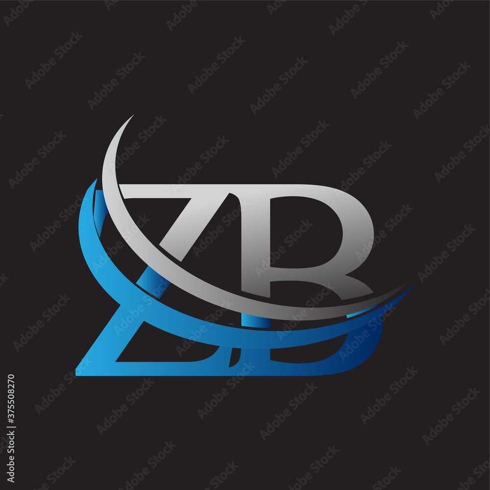 initial letter ZB logotype company name colored blue and grey swoosh ...