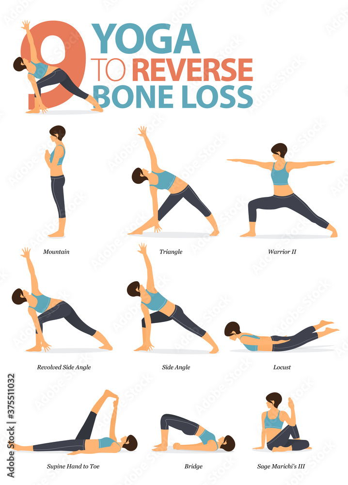 9 Yoga poses to reverse bone loss concept. Women exercising for body ...