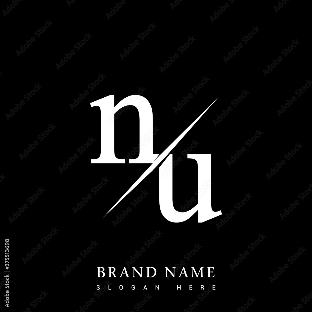 initial logo letter NU for company name black and white color and slash ...