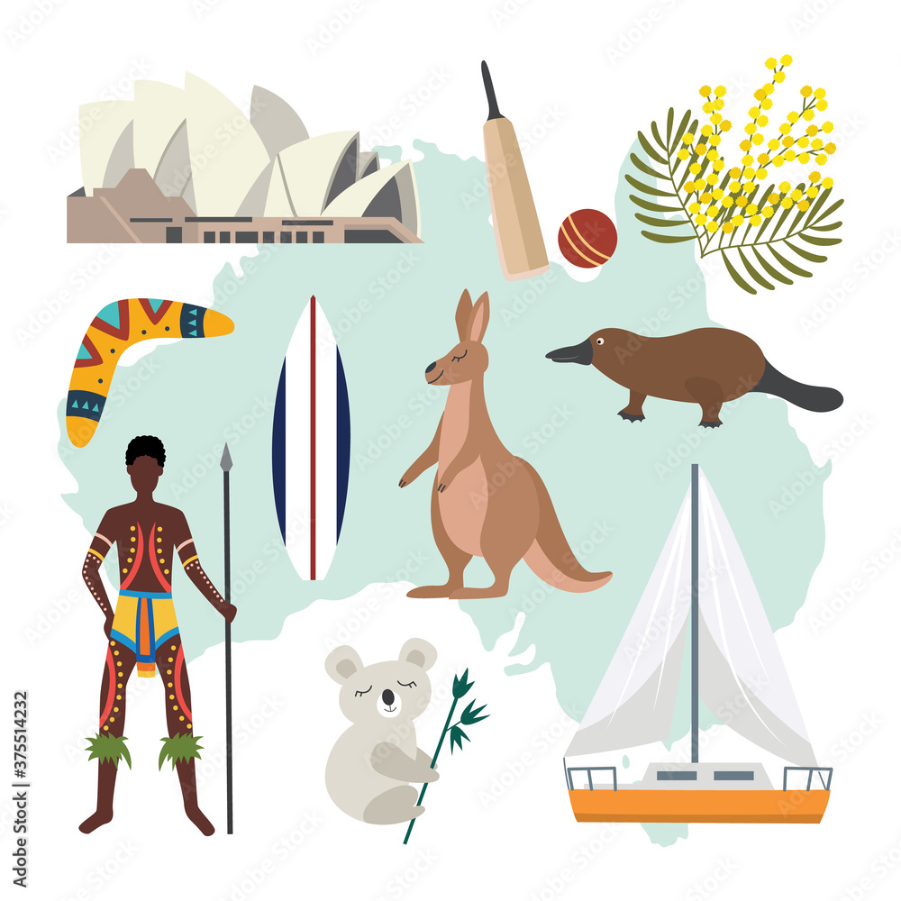 Australia map with national symbols and culture elements Stock Vector ...