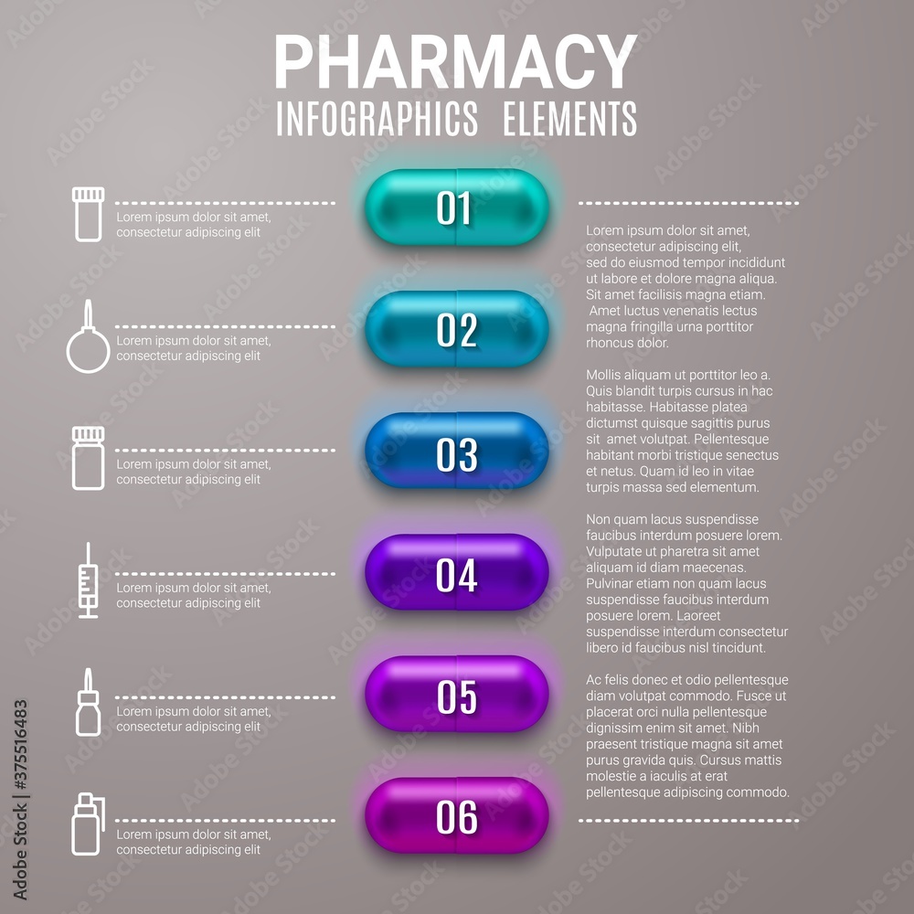 Pharmacy vector infographics aid of step chart with 3d pills or ...