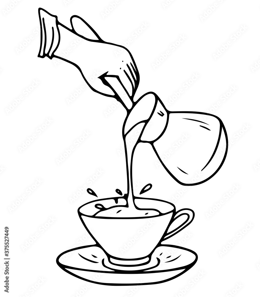 The process of pouring freshly brewed coffee in a Turk. A hand pours a ...