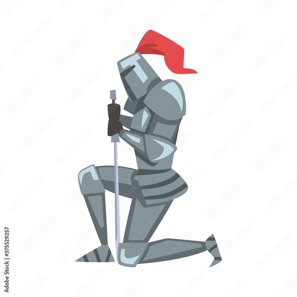 Medieval Kneeling Knight, Chivalry Warrior Character in Full Metal Body ...