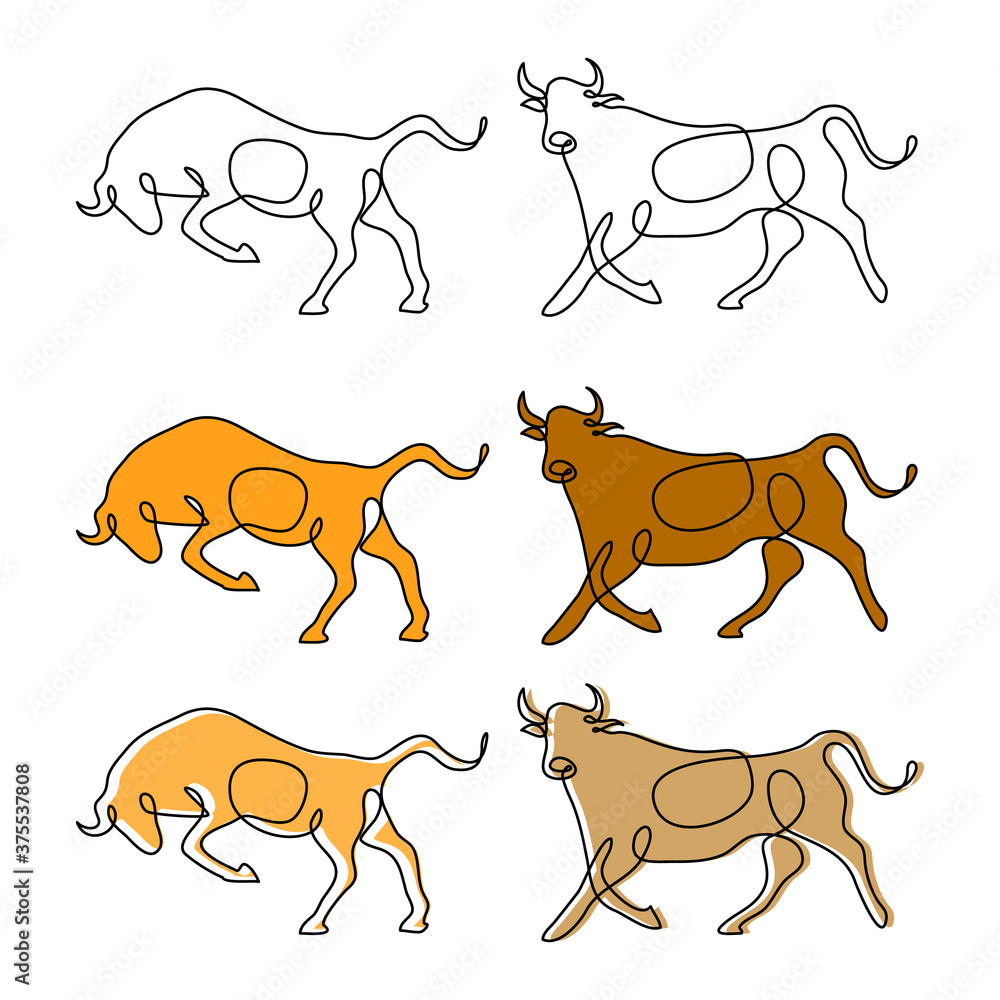 Collection of one line drawing bulls. Continuous line art of Bulls ...