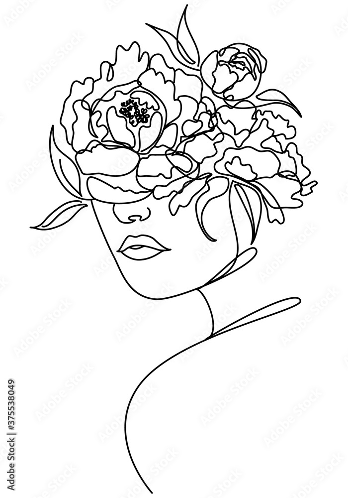 Beautiful woman face with peony flower drawing of continuous line ...