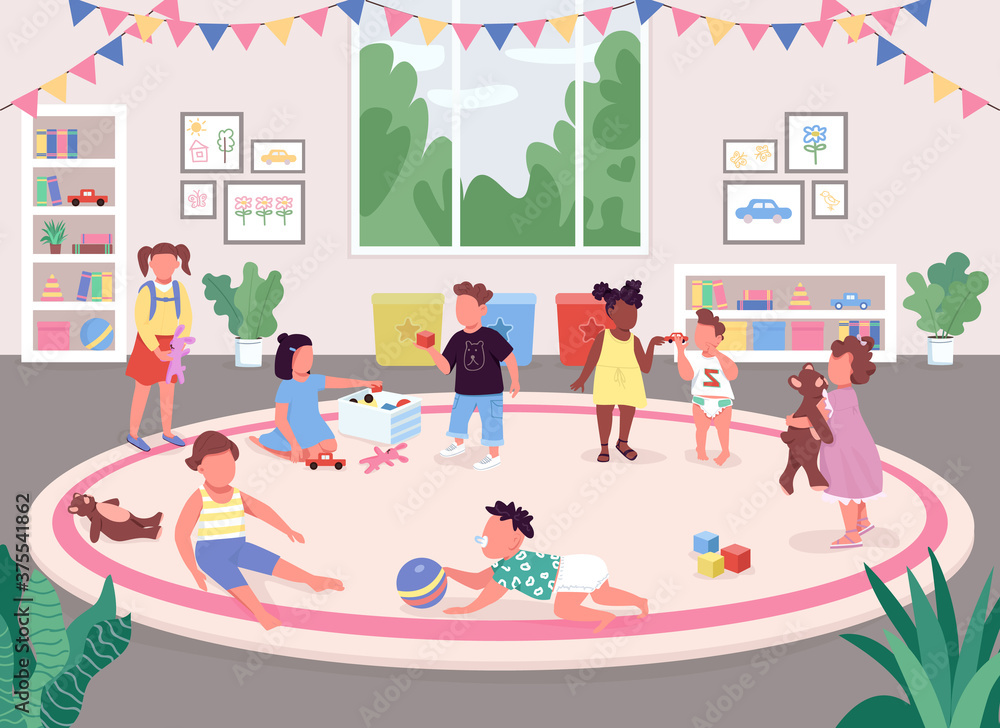Kindergarten room flat color vector illustration. Children play in ...