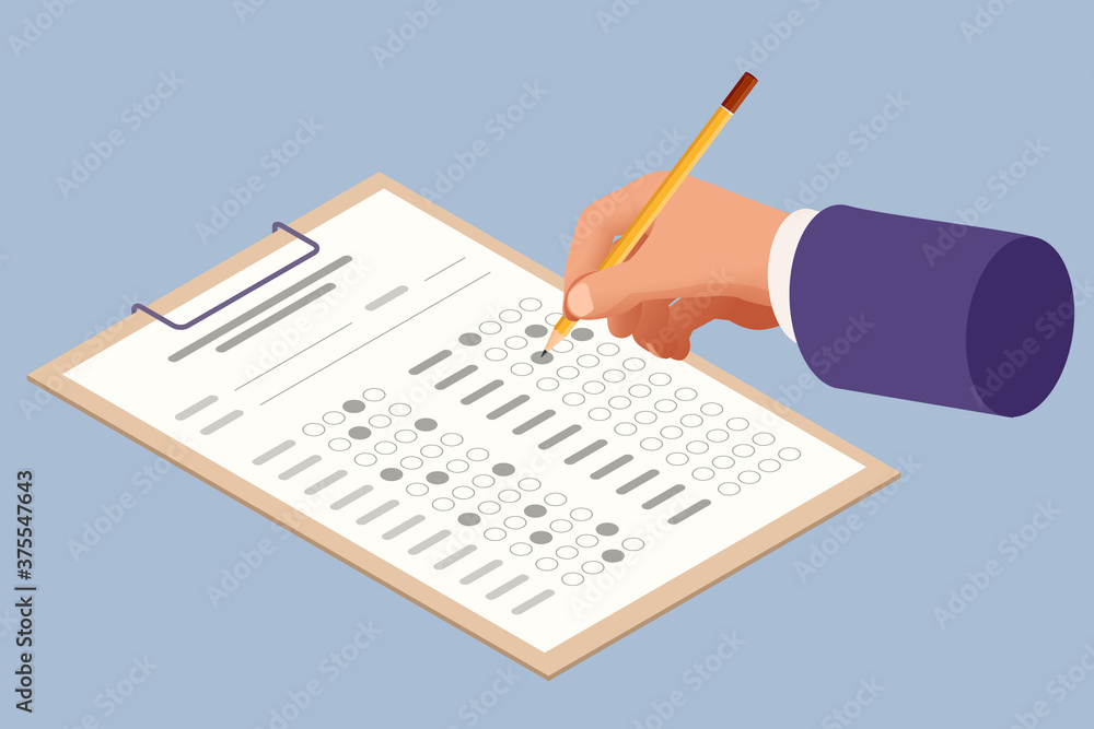 The student filling out answers to exam test answer sheet with a pencil ...