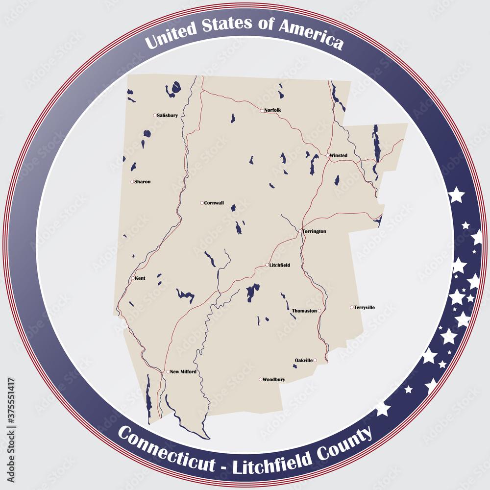Round button with detailed map of Litchfield County in Connecticut, USA ...