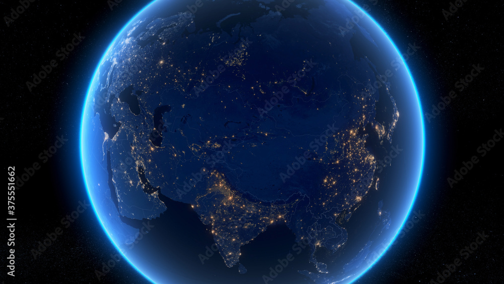 Earth at Night. 3D Illustration of Earth Bathed in City Lights at Night ...