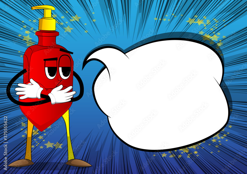 Cartoon bottle of hand sanitizer gel for hygiene with face, holding red ...