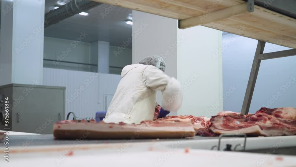 Meat processing plant, butcher cuts pork carcasses, meat production and ...