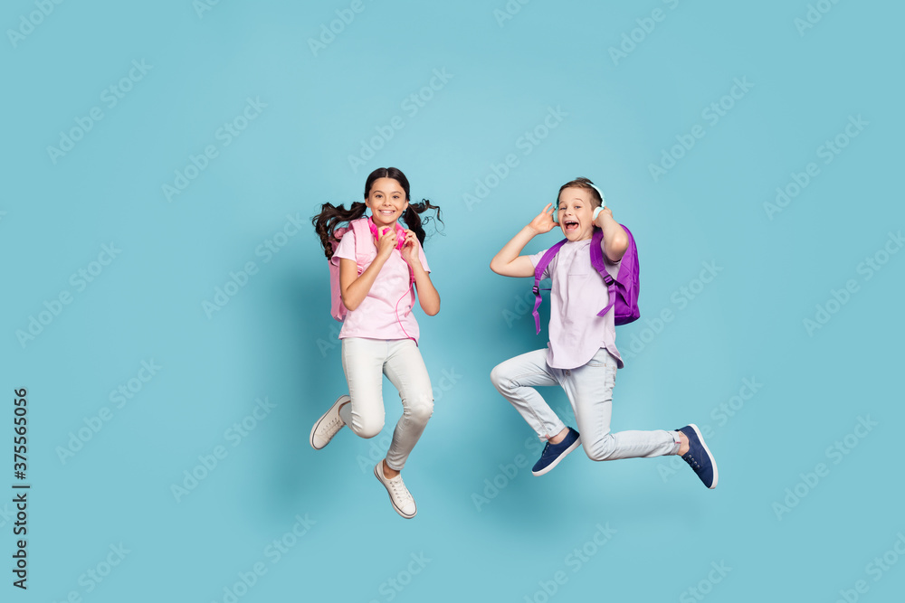 Full length body size view of two attractive small little cheerful ...