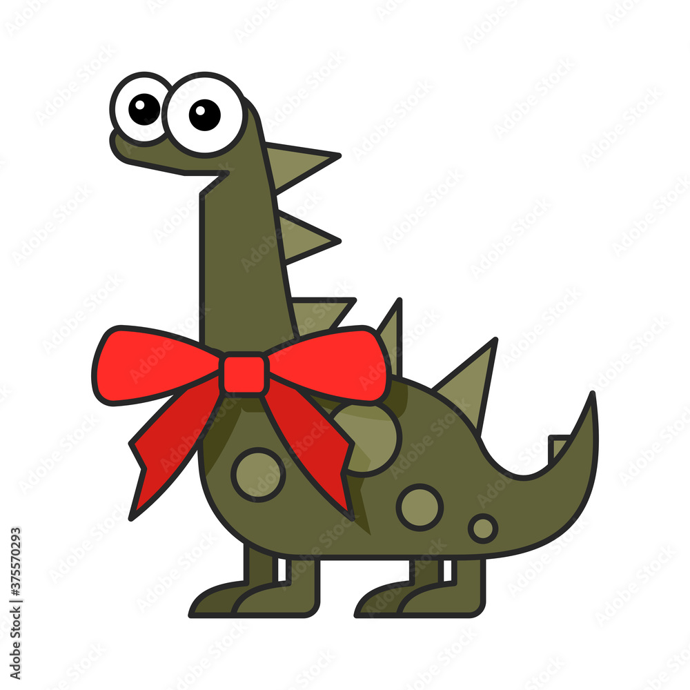 Cartoon of a long necked sauropod dinosaur wearing red ribbon. Flat ...