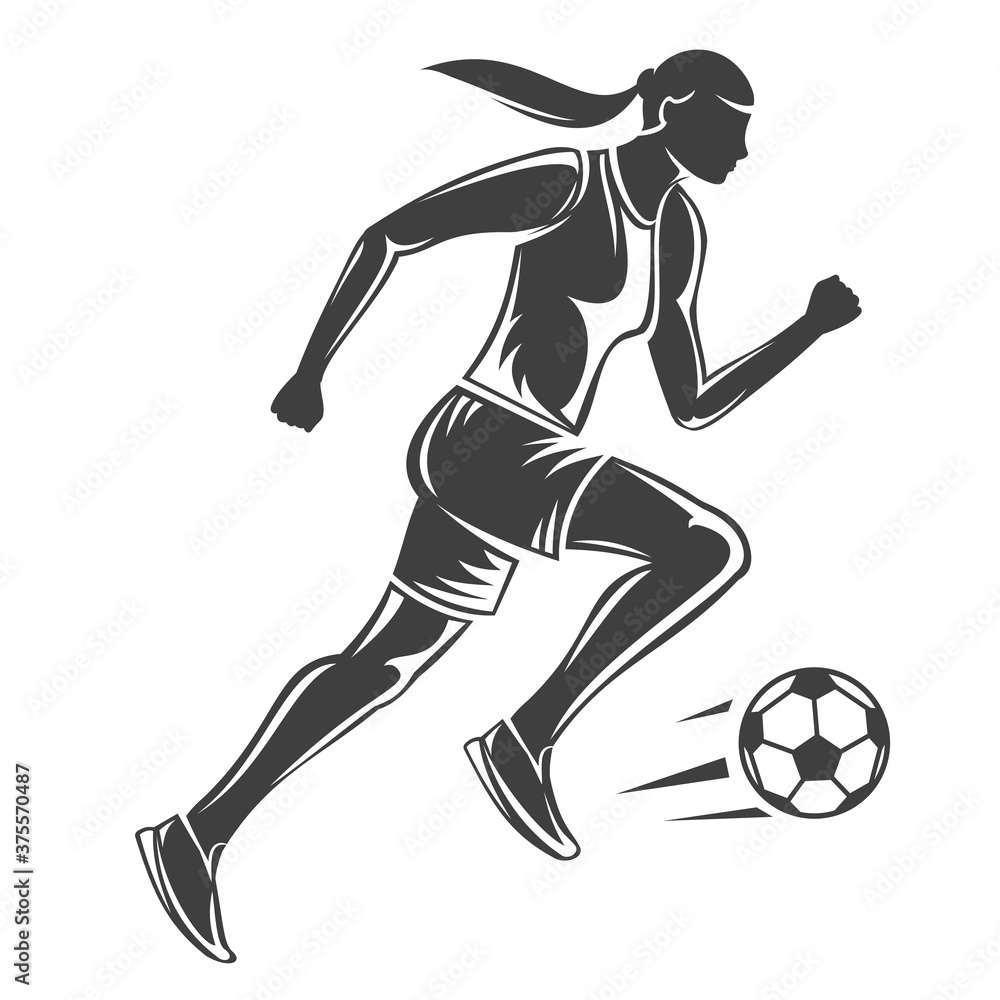 Hand drawn silhouette running girl football player isolated on white ...