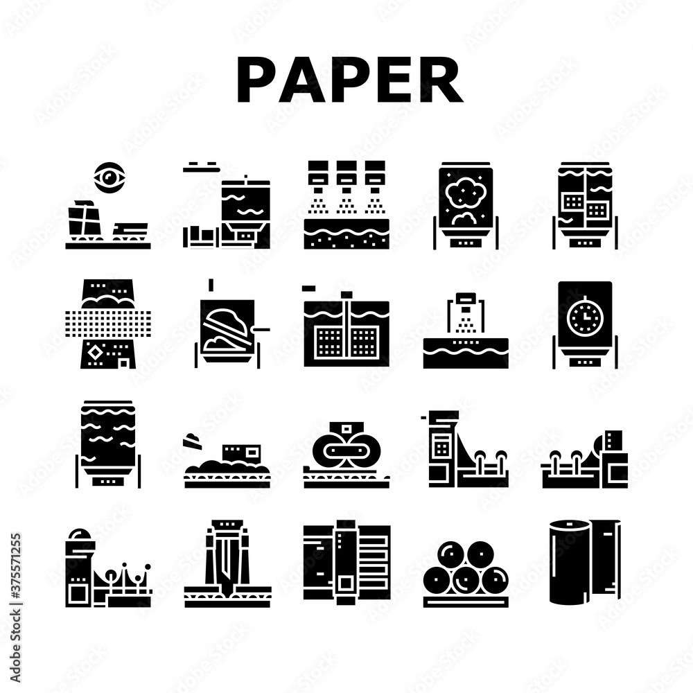 Paper Production Plant Collection Icons Set Vector. Wood Chips And ...