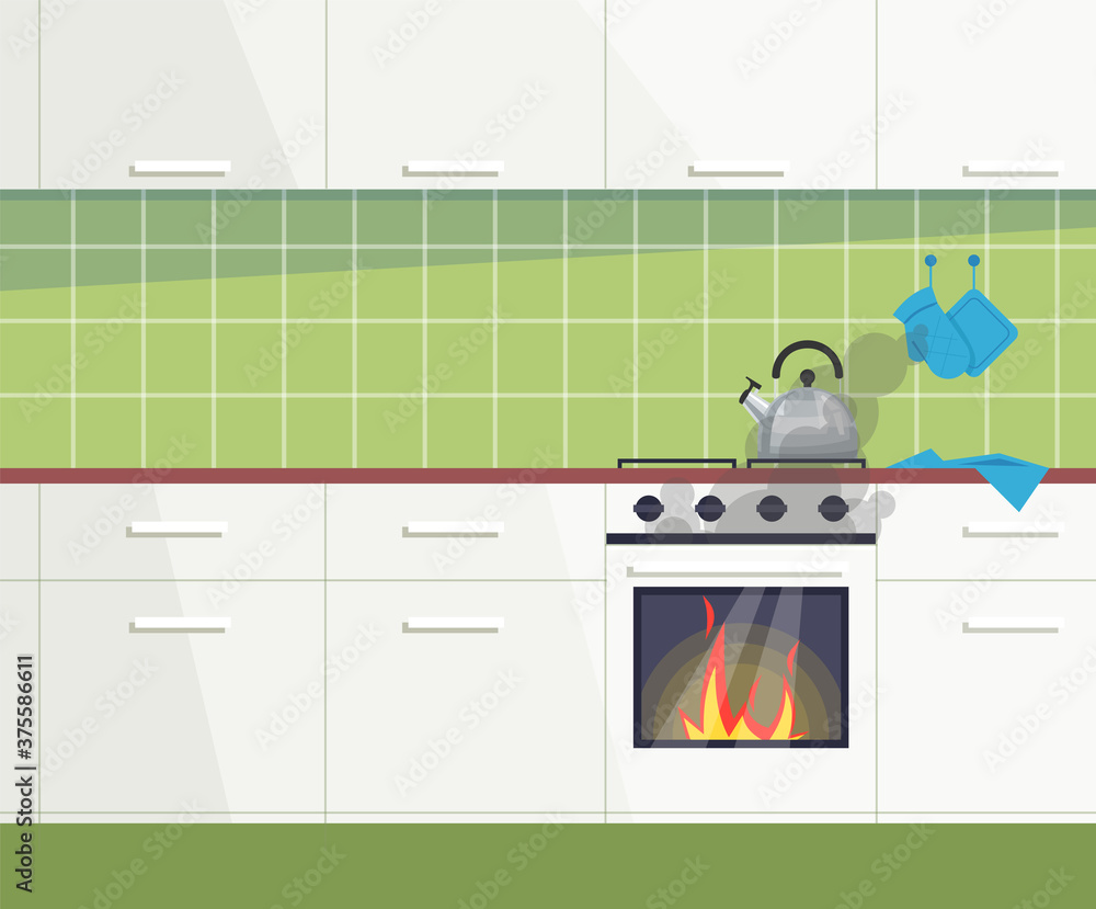Kitchen on fire semi flat vector illustration. Raging fire in oven ...