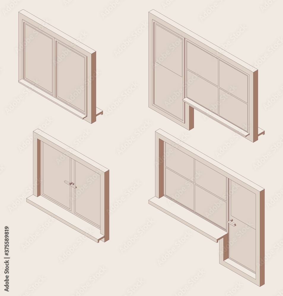 Isometric full color outline linear set of closed double-glazed windows ...