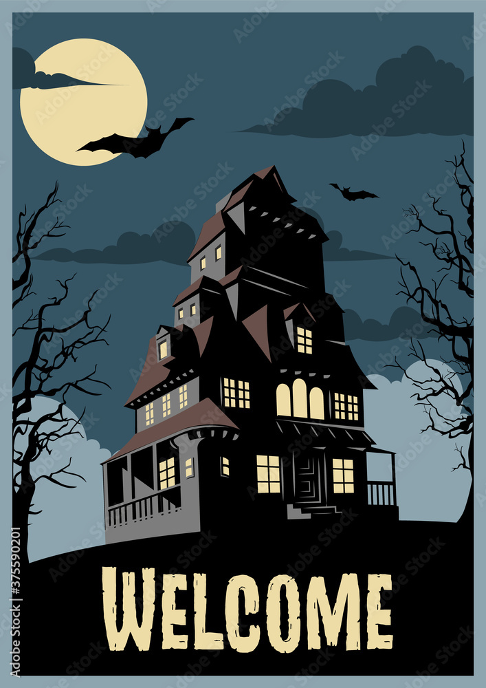 Halloween Poster Template, House with the Ghosts, Dead Trees, Bats ...