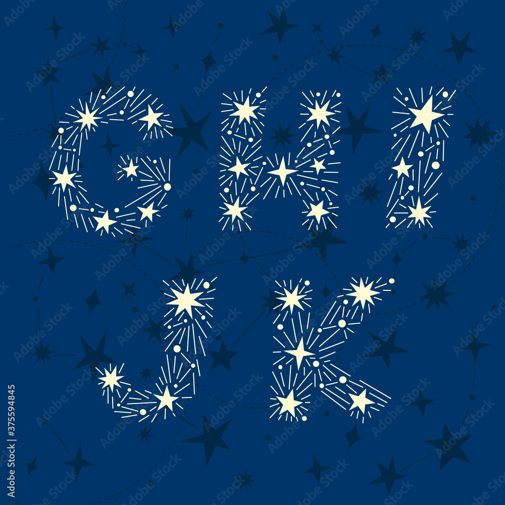 A collection of night sky celestial letters with stars and zodiac ...