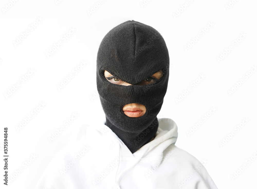 woman wearing white hoodie, balaclava or black mask isolated on white ...