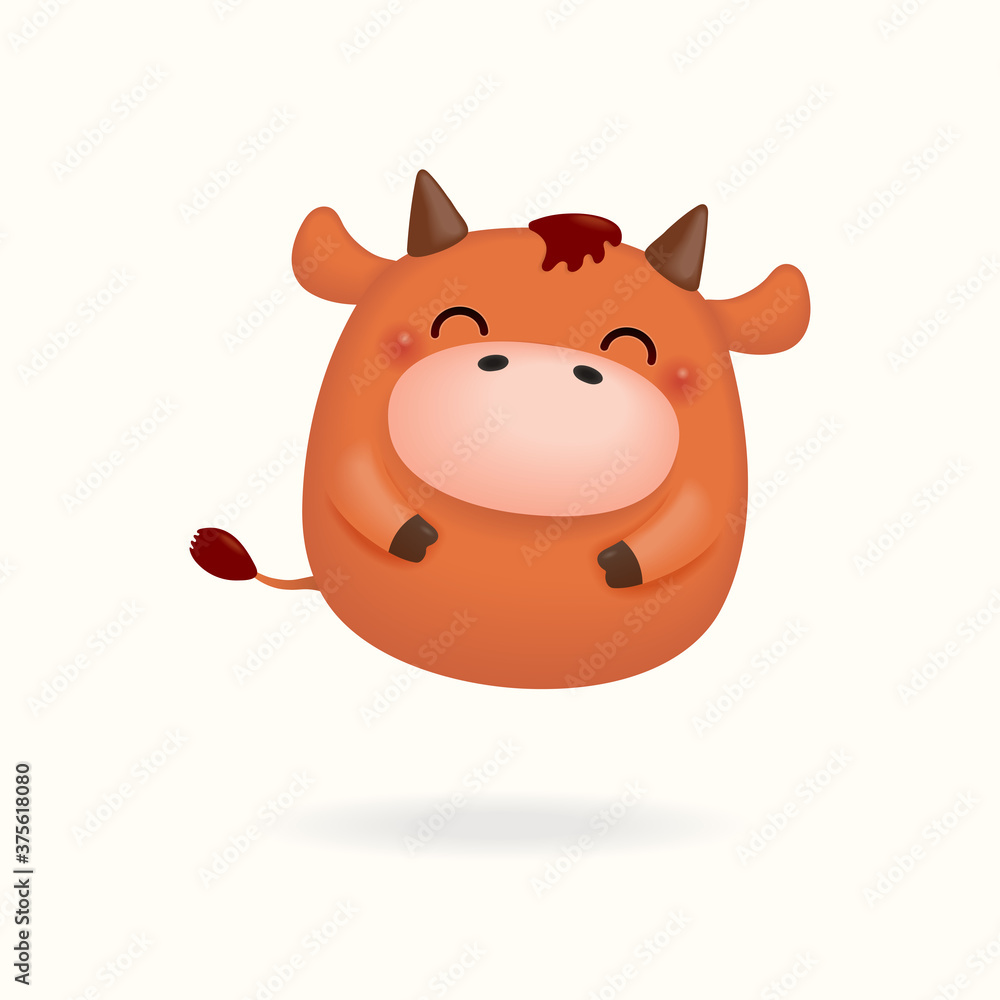 2021 Chinese New Year vector illustration of a cute happy little ox ...