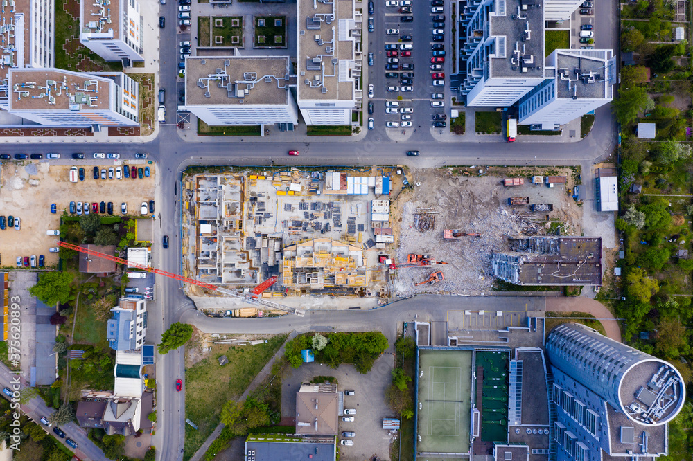 Aerial top view of construction site. Building new residential ...
