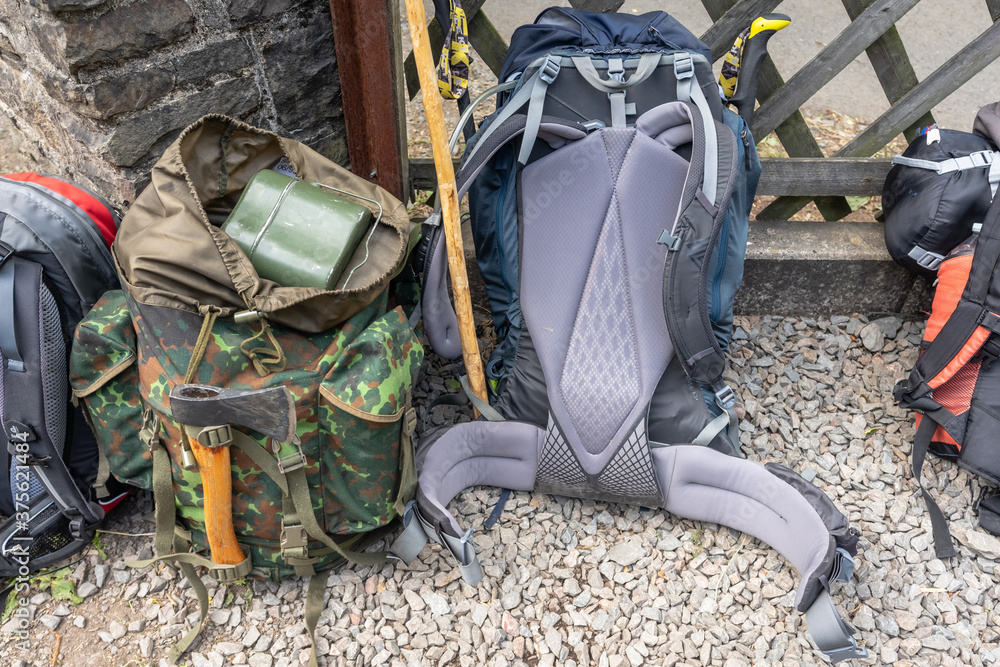 Tourist scout or military backpacks. Packed things for a hike ...