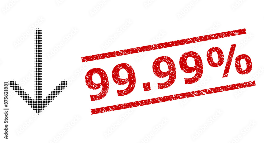 Arrow down halftone dotted vector and 99.99% scratched stamp seal. Seal ...
