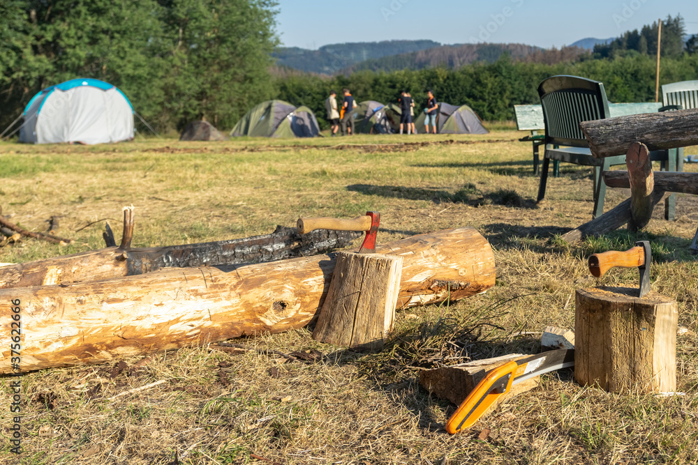 Foto de Basic scout camp. Preparing to lighting a fire. Preparation of ...
