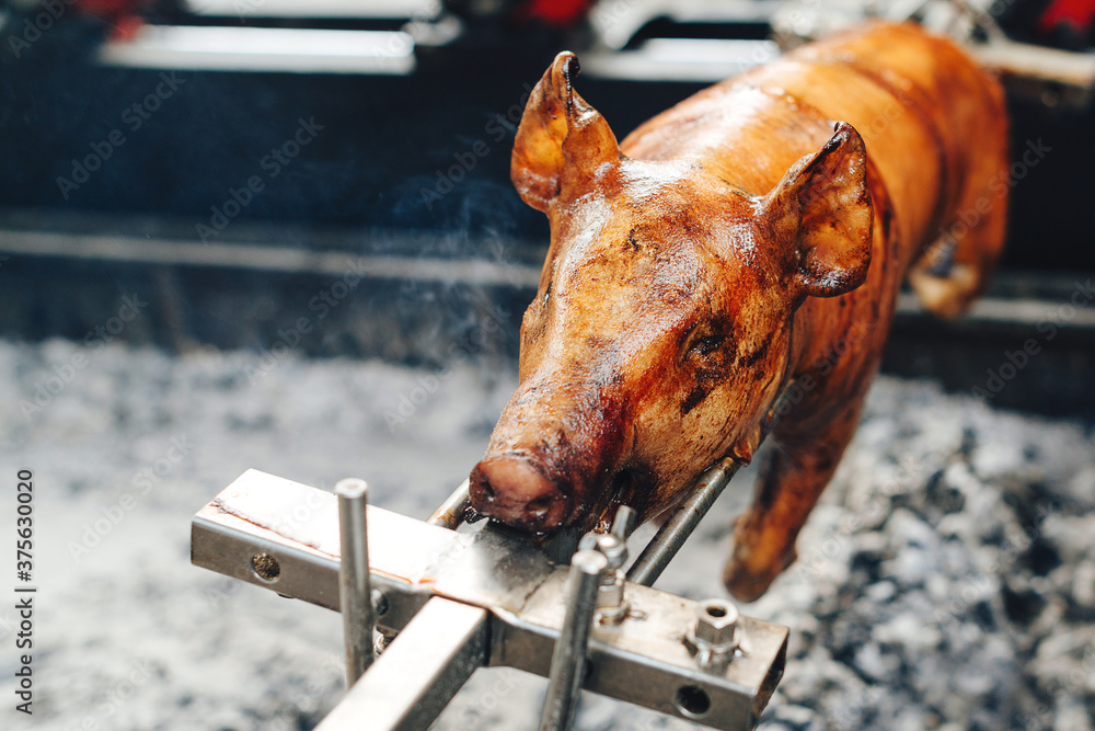 Grilled pig at the street food festival. Roasted pig on the rack. Stock ...