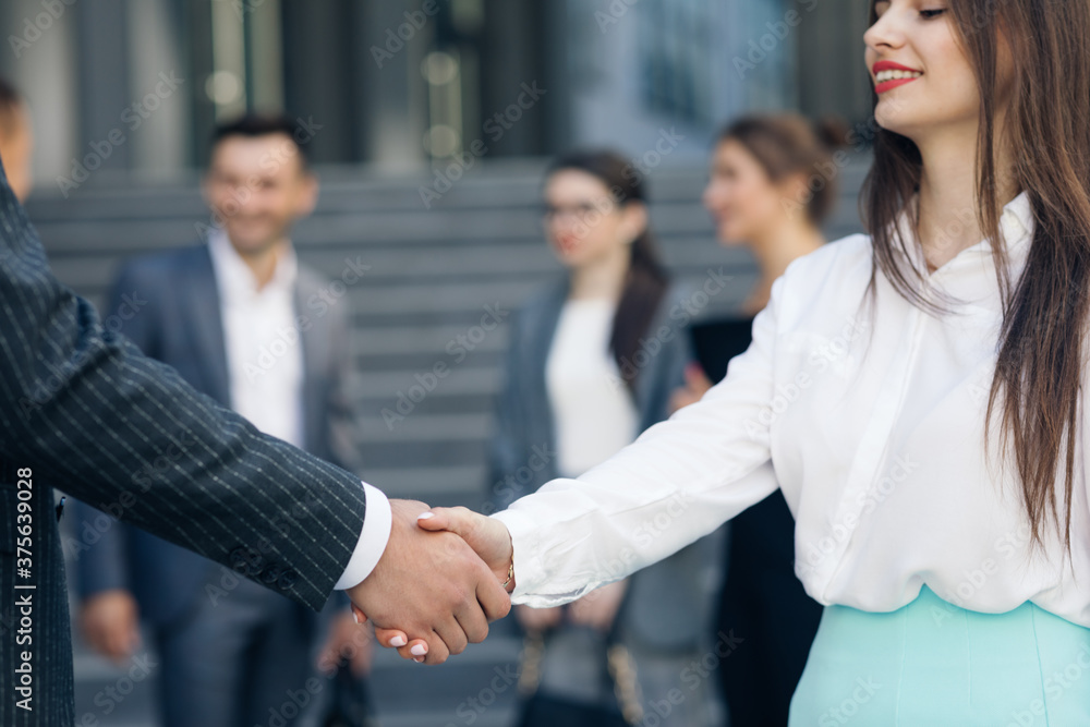 Friendly Handshake Man and Woman. Meeting of Two Business People ...