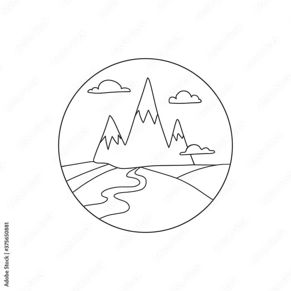Linear image of mountains in a circle. Three stone peaks, clouds, path ...