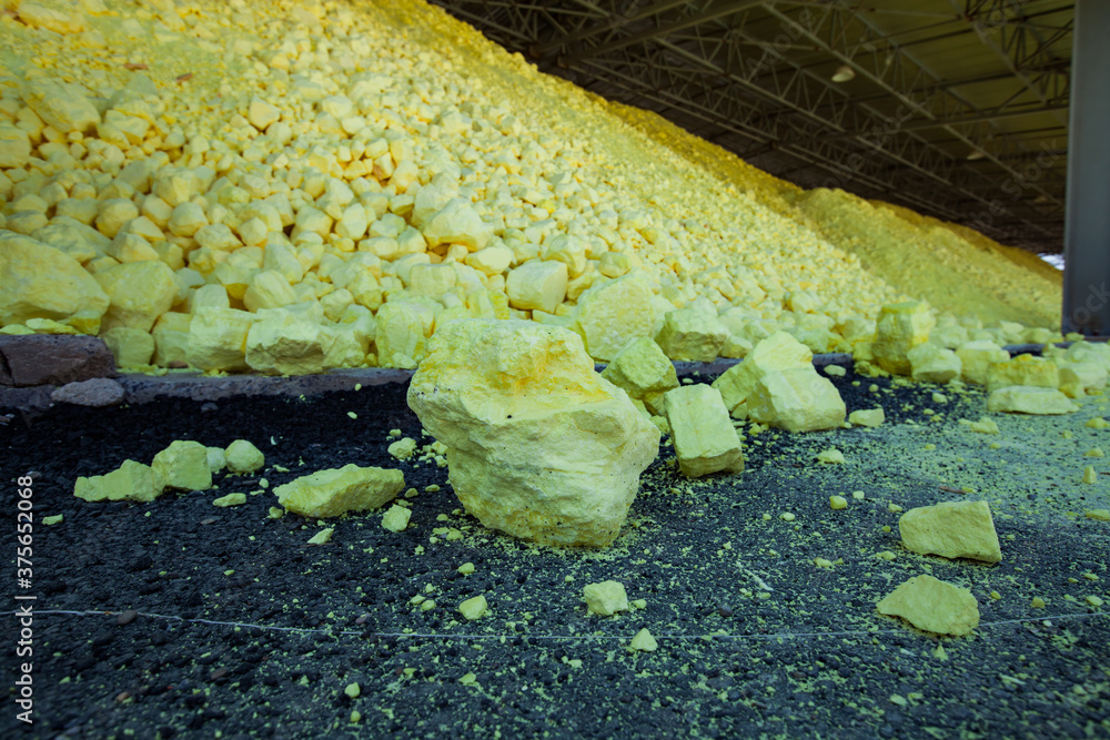 Pile of Yellow sulfur on sulfuric acid factory warehouse and railway ...