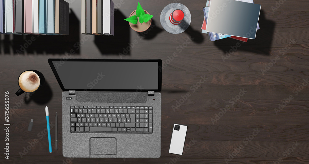 3d illustration Dark wood floor desk With laptop computer, pen, phone ...