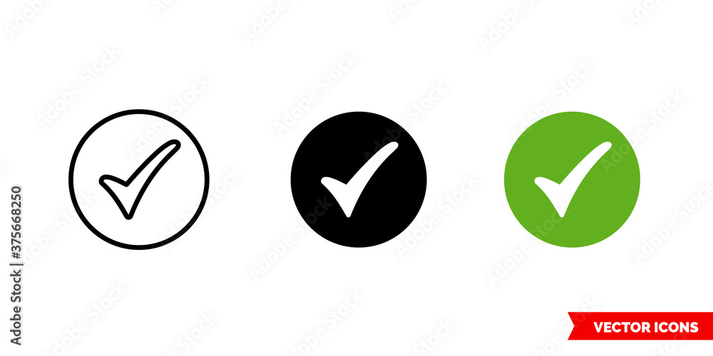 Tick symbol icon of 3 types color, black and white, outline. Isolated ...