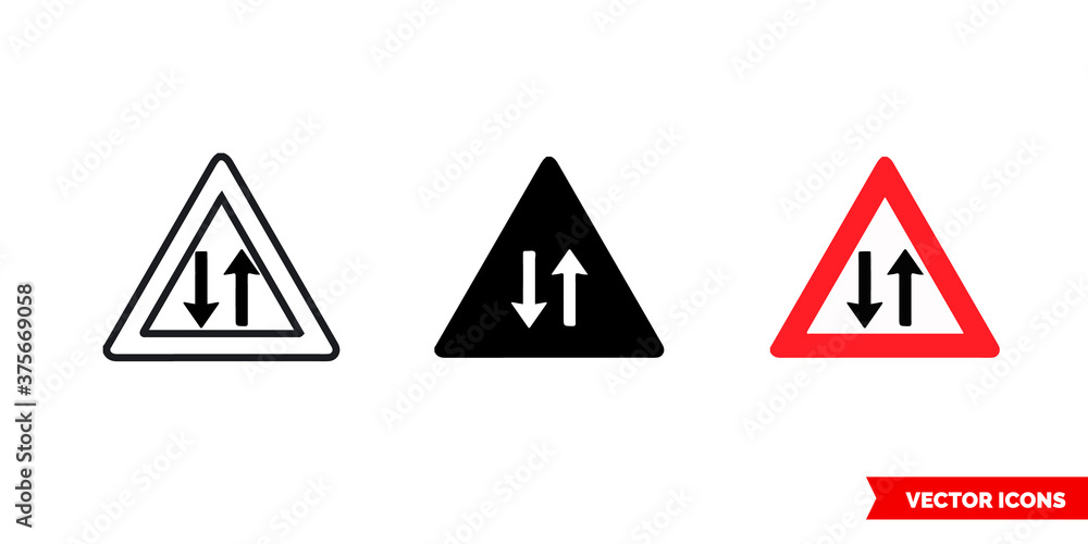 Two way traffic sign icon of 3 types color, black and white, outline ...