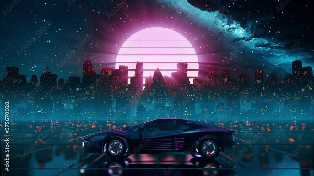 80s retro futuristic drive seamless loop with vintage car. Stylized sci ...