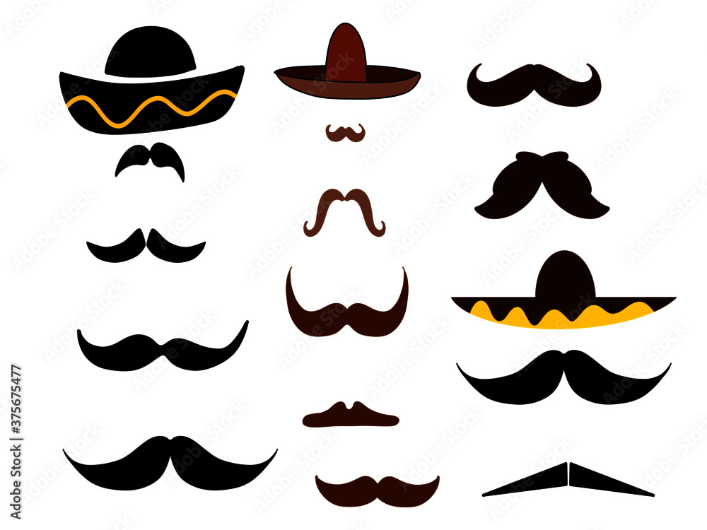 Different types of mustaches and hats, Mexican style, of the revolution ...